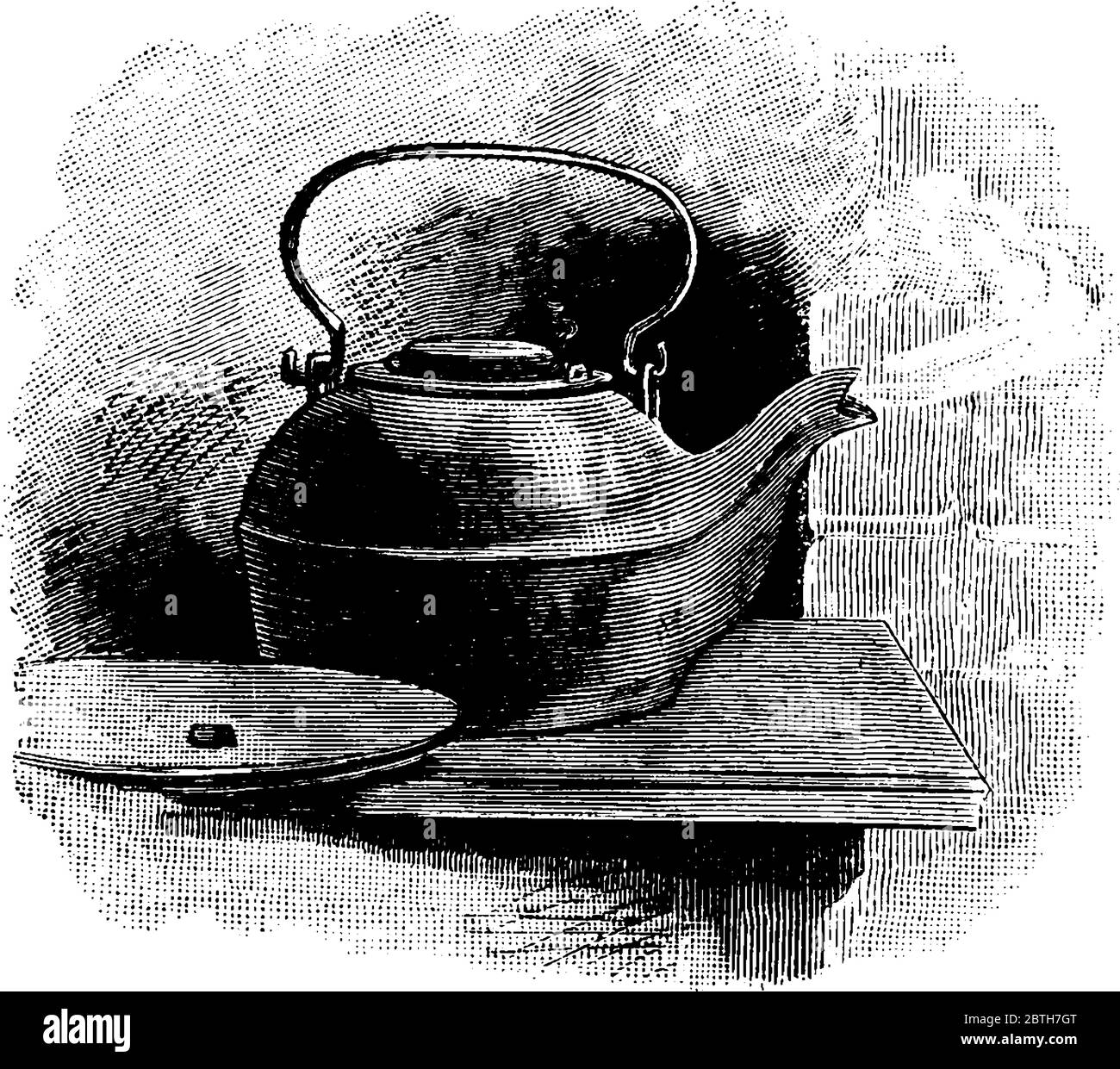 A kettle or a tea pot with a lid, spout and a handle that is used to ...