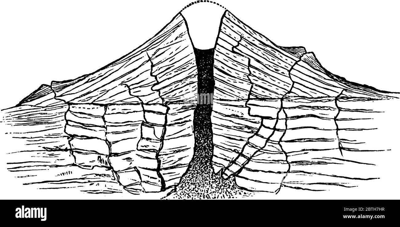Fissures in mountain filled with lava, vintage line drawing or ...