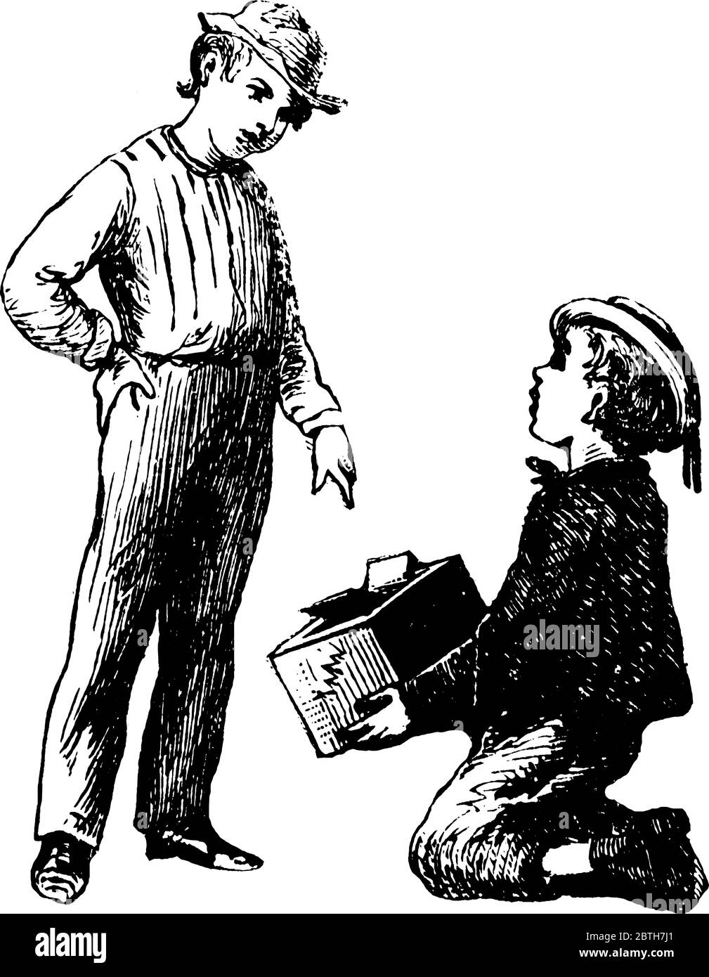 Two boys one is standing and other is in sitting position and showing ...