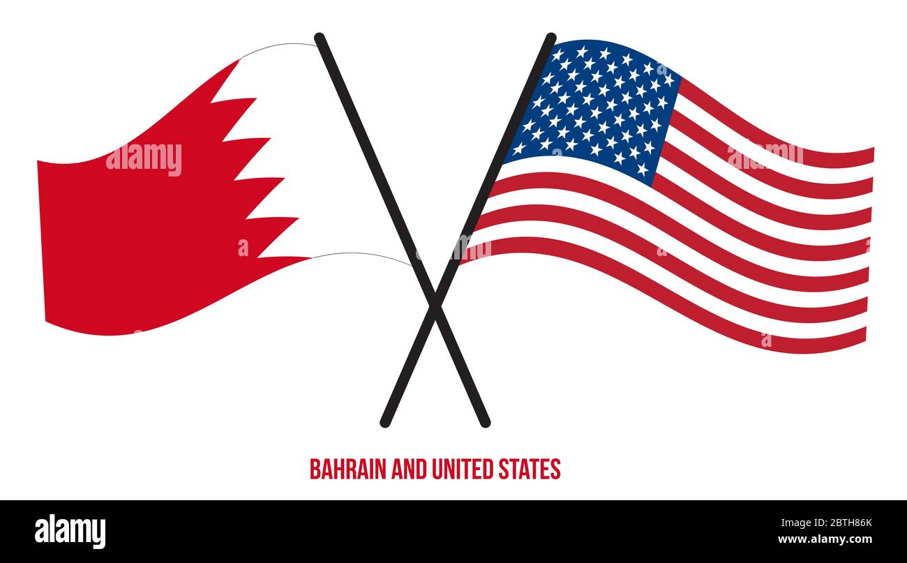 Bahrain and United States Flags Crossed And Waving Flat Style. Official ...