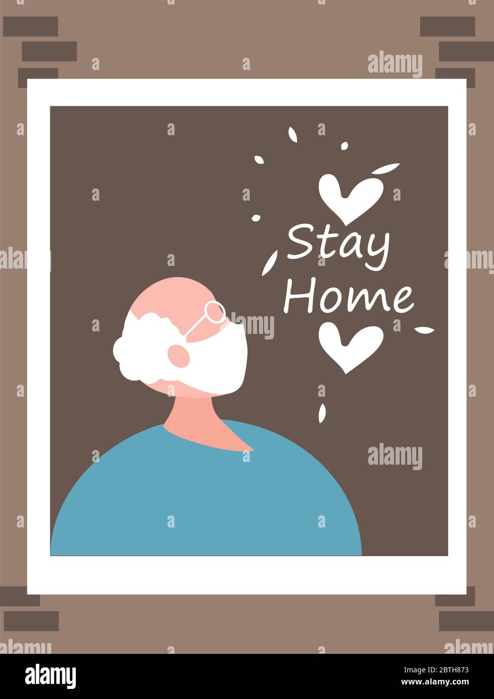 stay at home campaign, old man in the house window vector illustration ...
