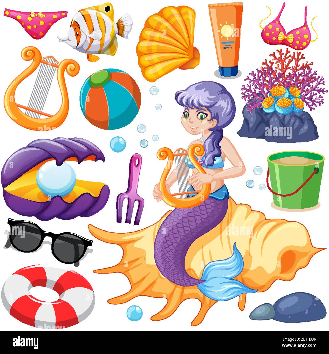 Set of mermaid and summer icon cartoon style on white background ...