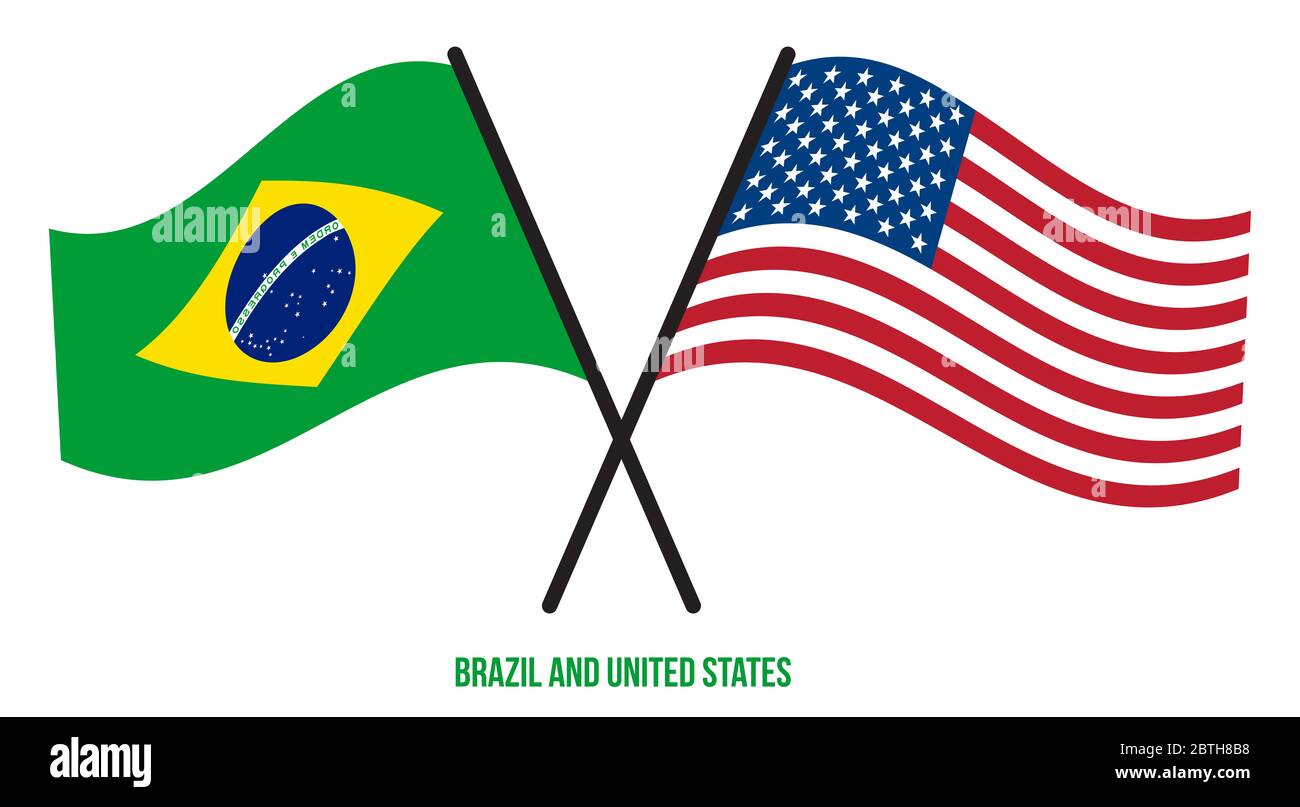 Brazil and United States Flags Crossed And Waving Flat Style. Official ...