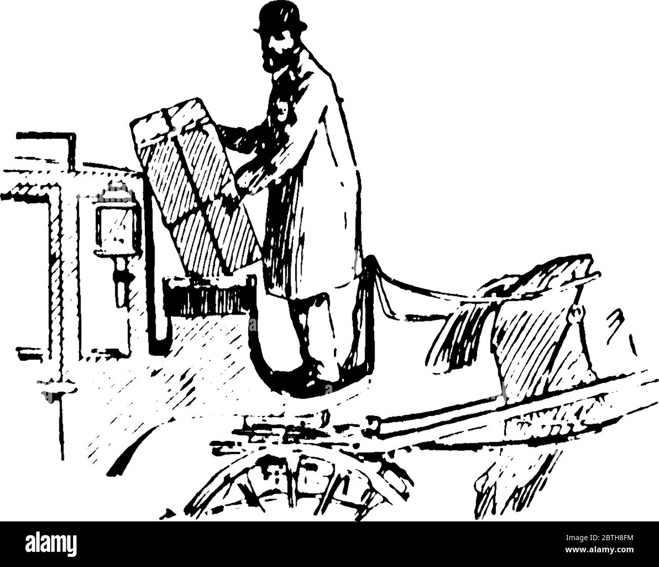 The picture depicts a horse-drawn cab driver, standing and looking at ...