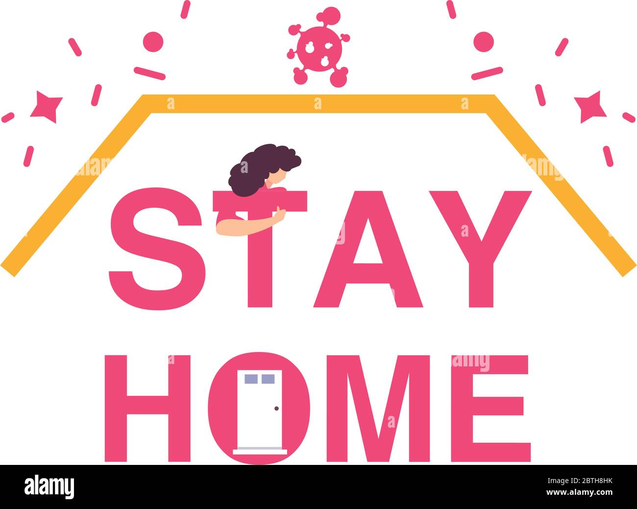 stay at home campaign, woman in the house window vector illustration ...