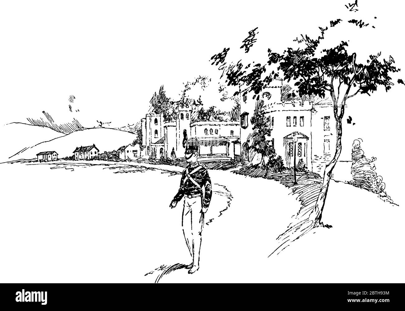 A landscape with houses, large buildings and trees and a soldier ...