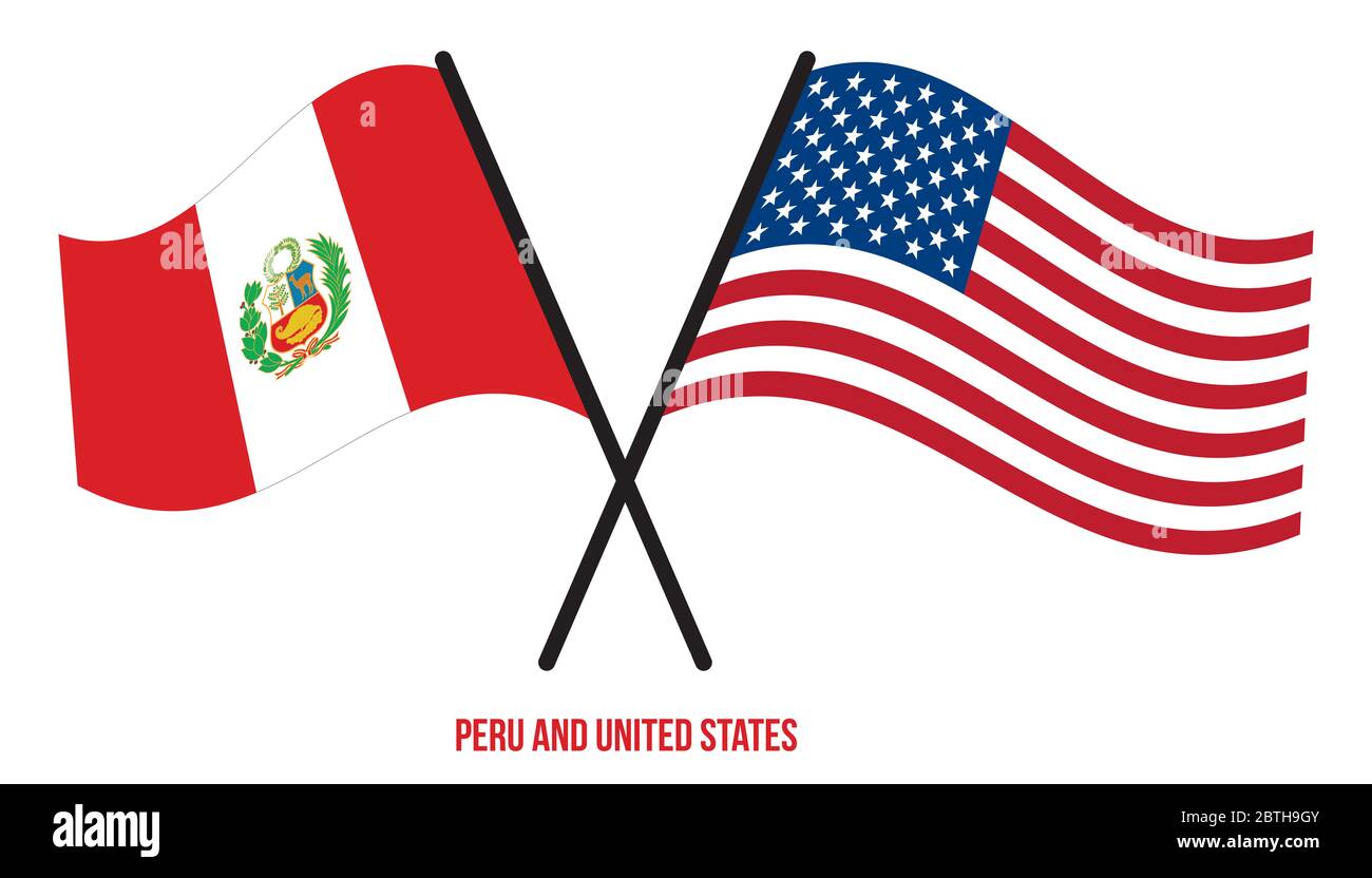 Peru and United States Flags Crossed And Waving Flat Style. Official ...