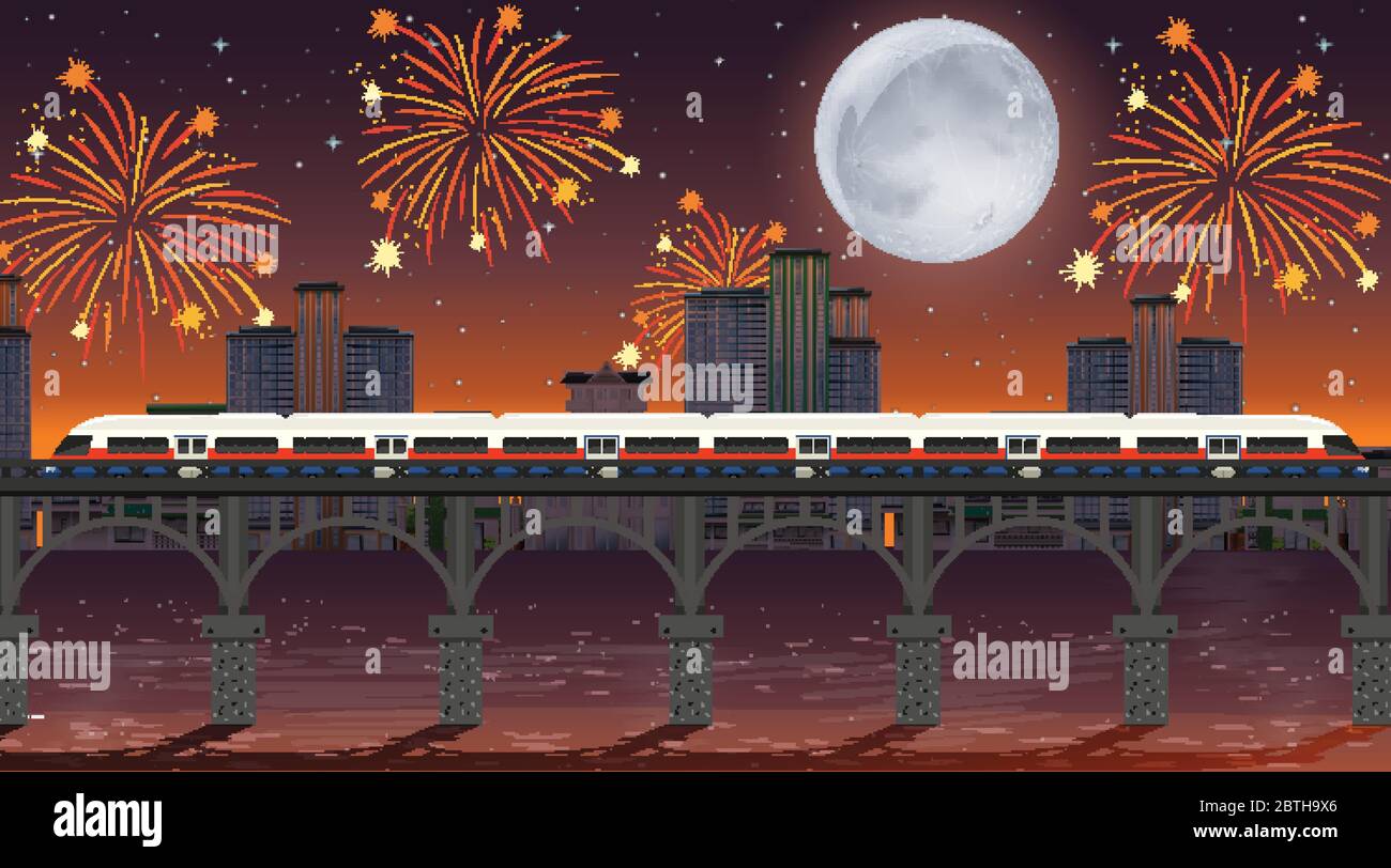 Train cross the river with celebration fireworks scene illustration ...
