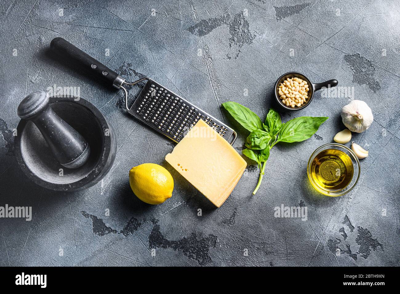 Pesto Ingredients italian recipe Fresh basil, tomatoes mortar lemon ...