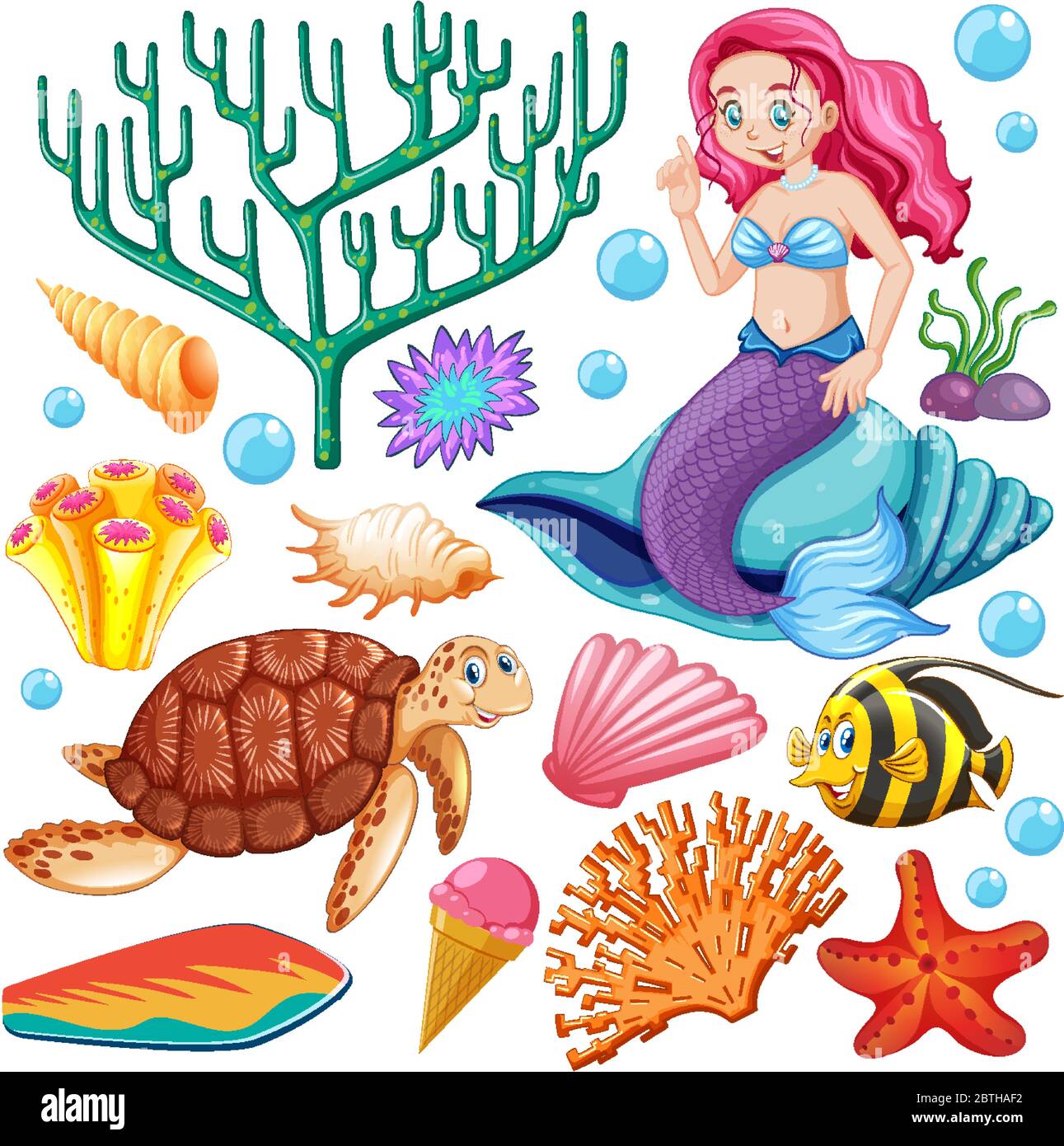 Set of sea animals and mermaid cartoon style on white background ...