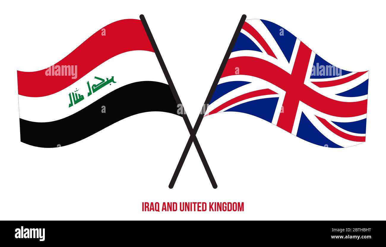 Iraq and United Kingdom Flags Crossed And Waving Flat Style. Official ...