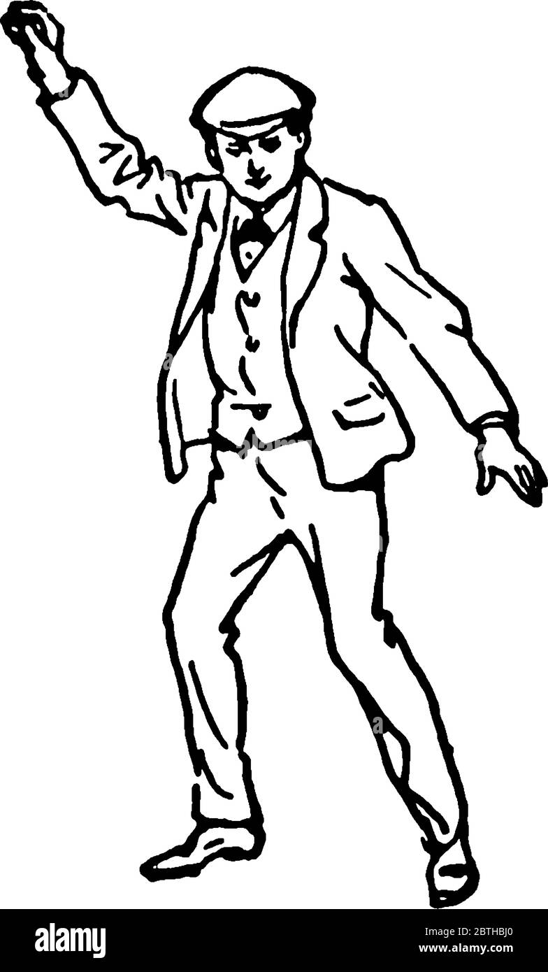 A boy with hat standing in dancing position, vintage line drawing or ...
