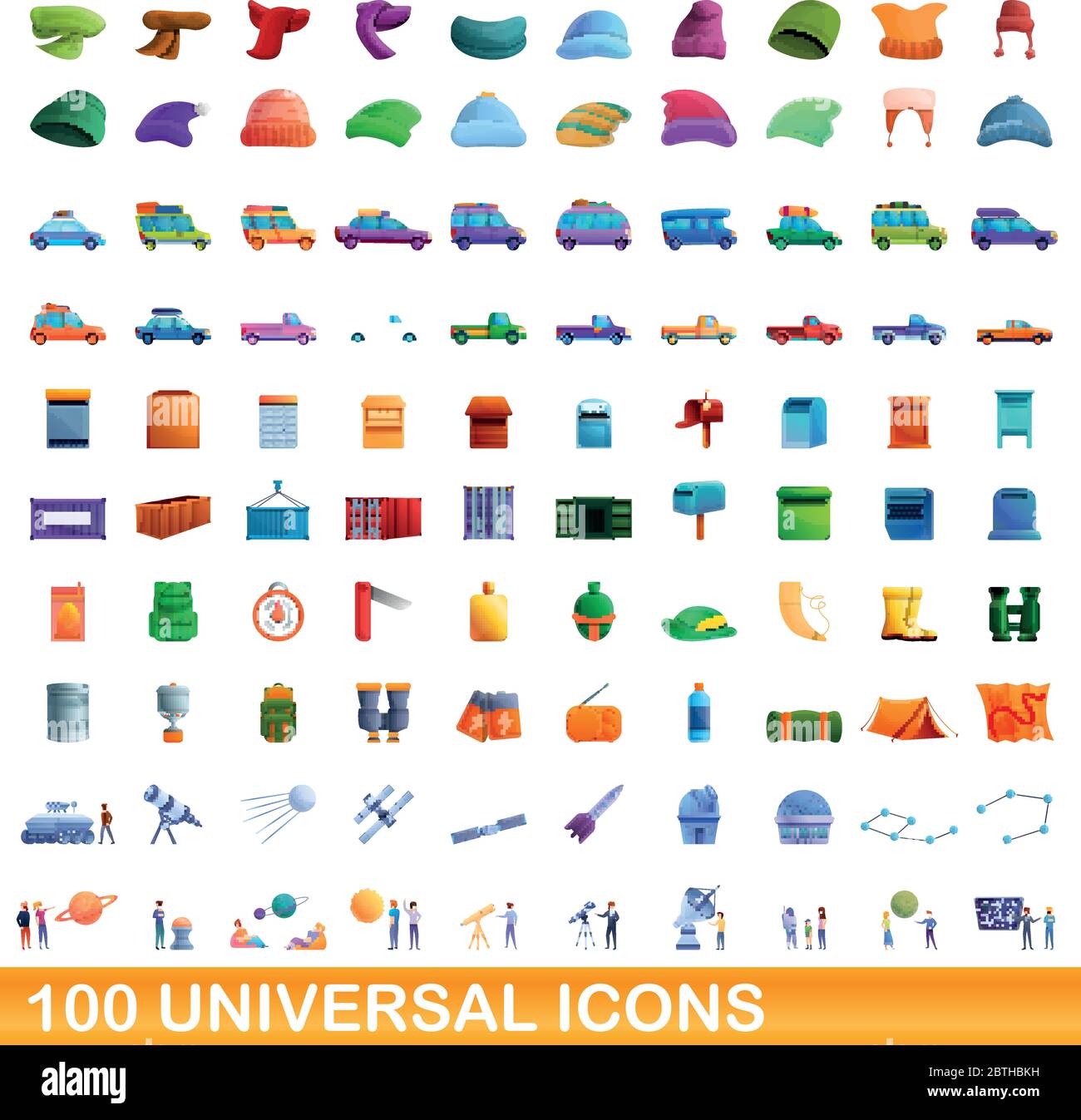 100 universal icons set. Cartoon illustration of 100 universal icons ...