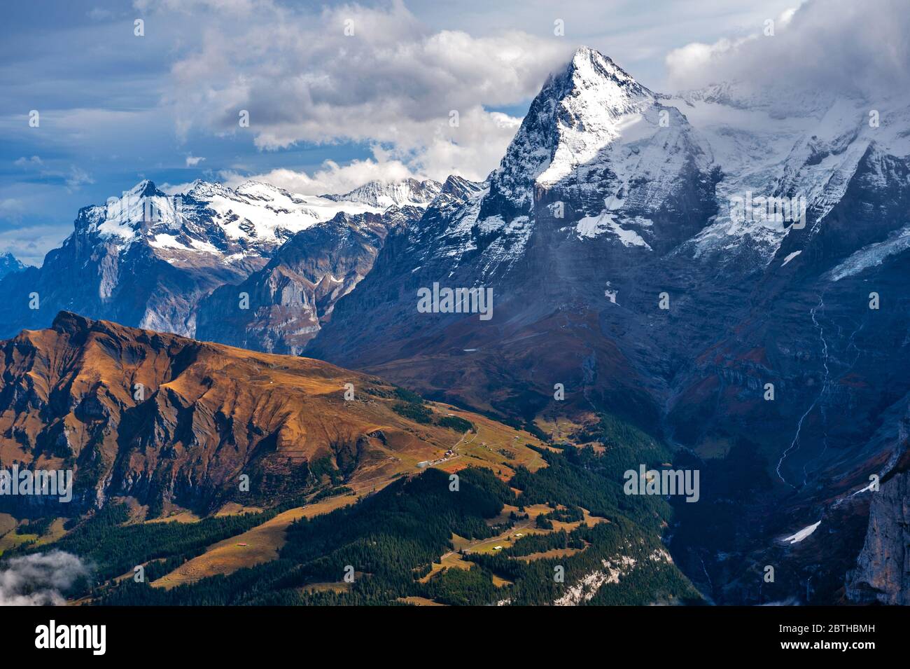 Scenic view of the Eiger and the Monch, the summits of the Bernese Alps ...