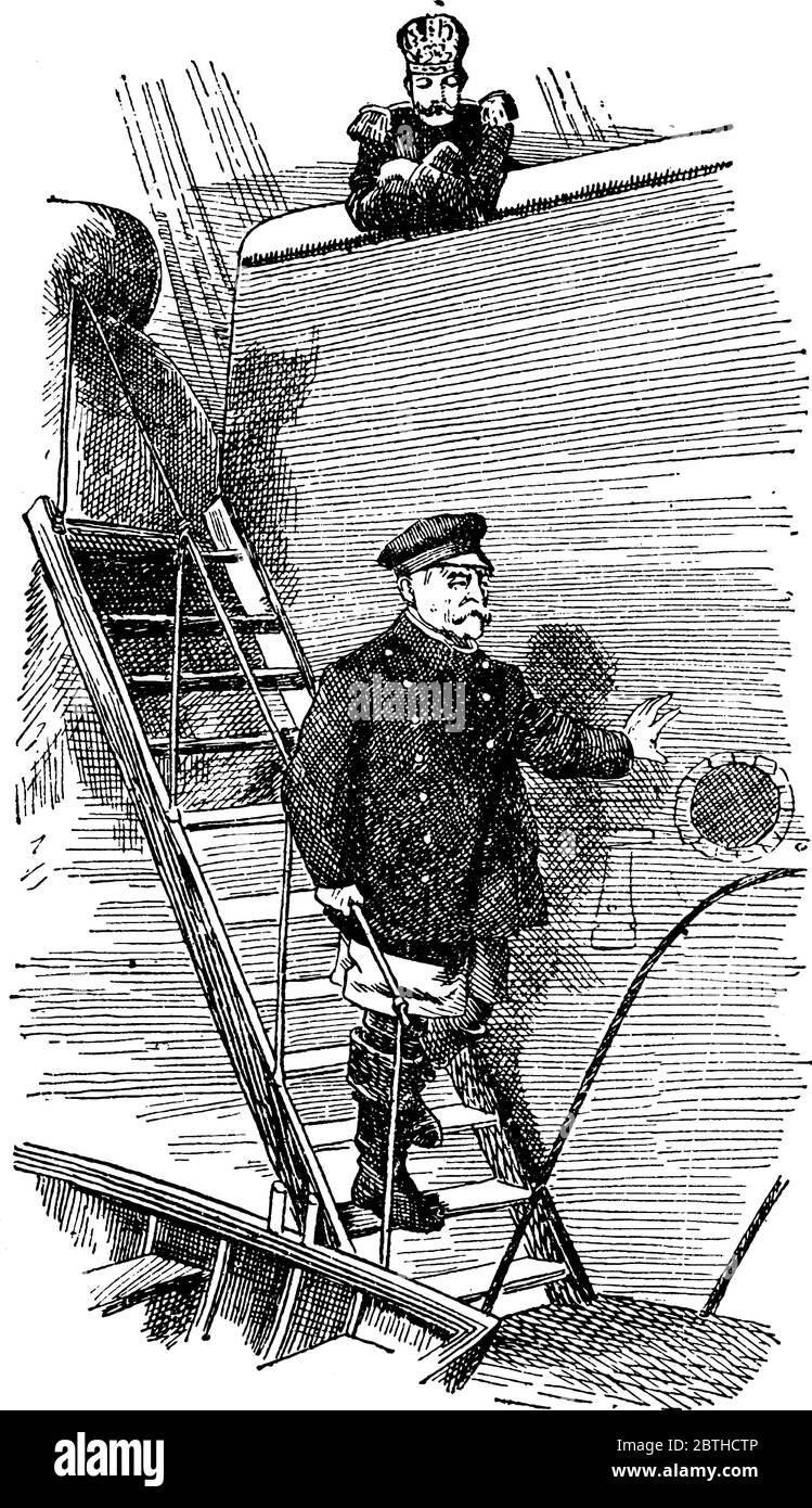 A man walking down the stairs of ship while another man steering him ...
