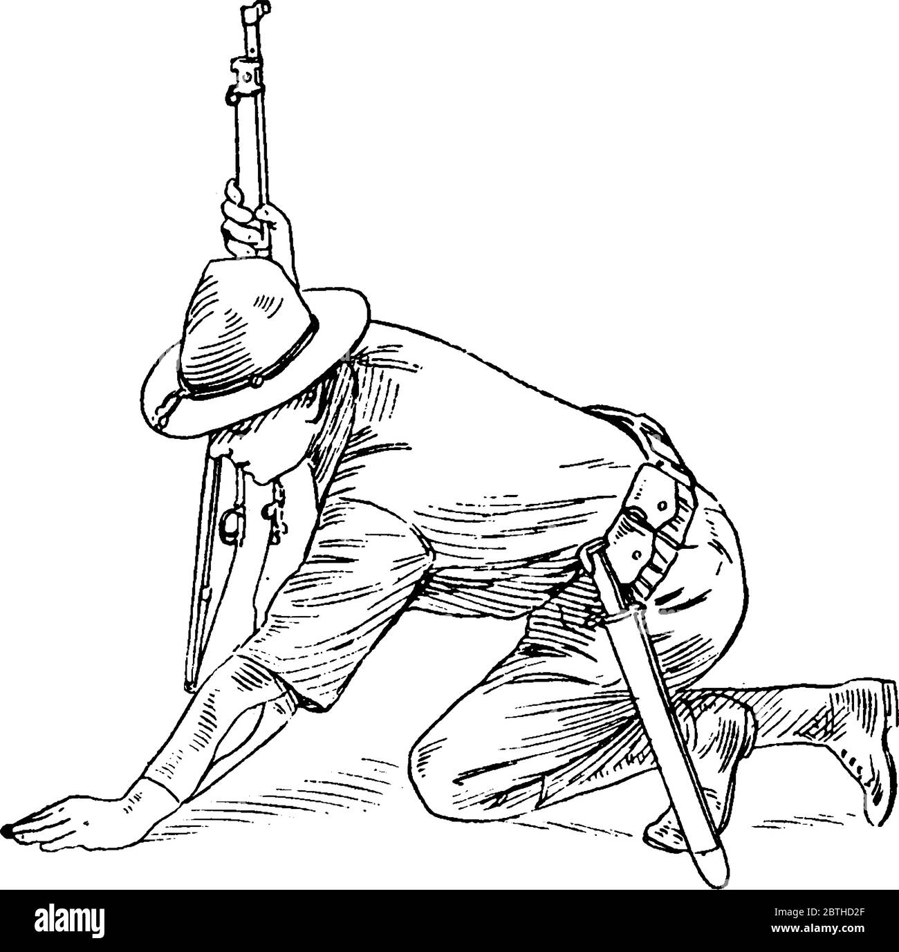 The soldier in lie down position, by carrying back the left foot and ...