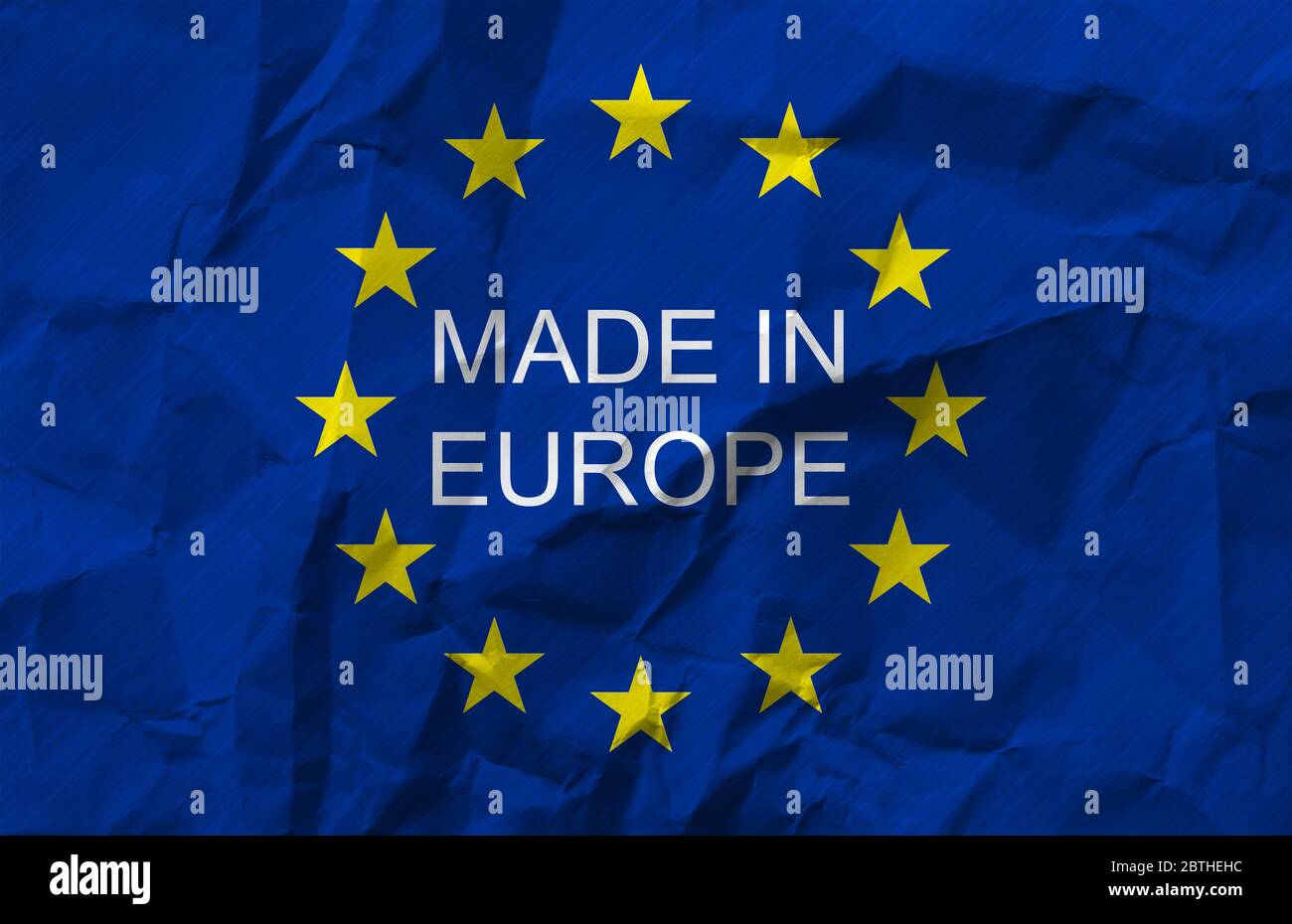 International flag of Europe with Made in Europe writing on crumpled ...