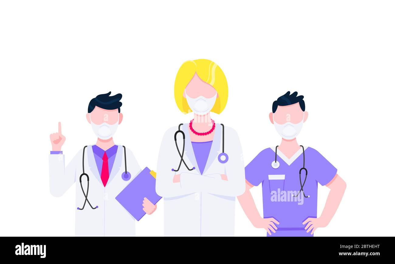 Successful team of medical employee doctors with face masks vector ...
