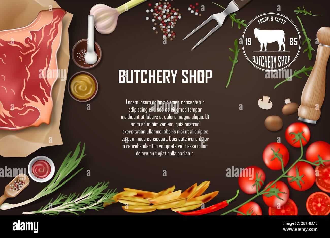 Meat Banner for restaurant or butcher shop. Fresh meat steak with ...
