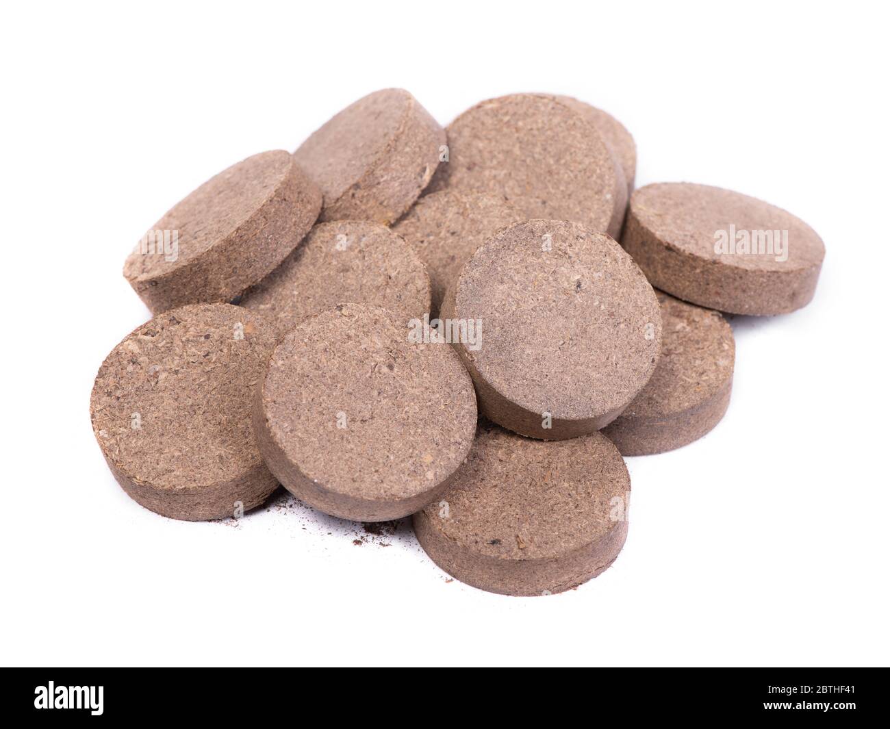 Dry peat pellets, compressed compost tablet isolated over the white ...