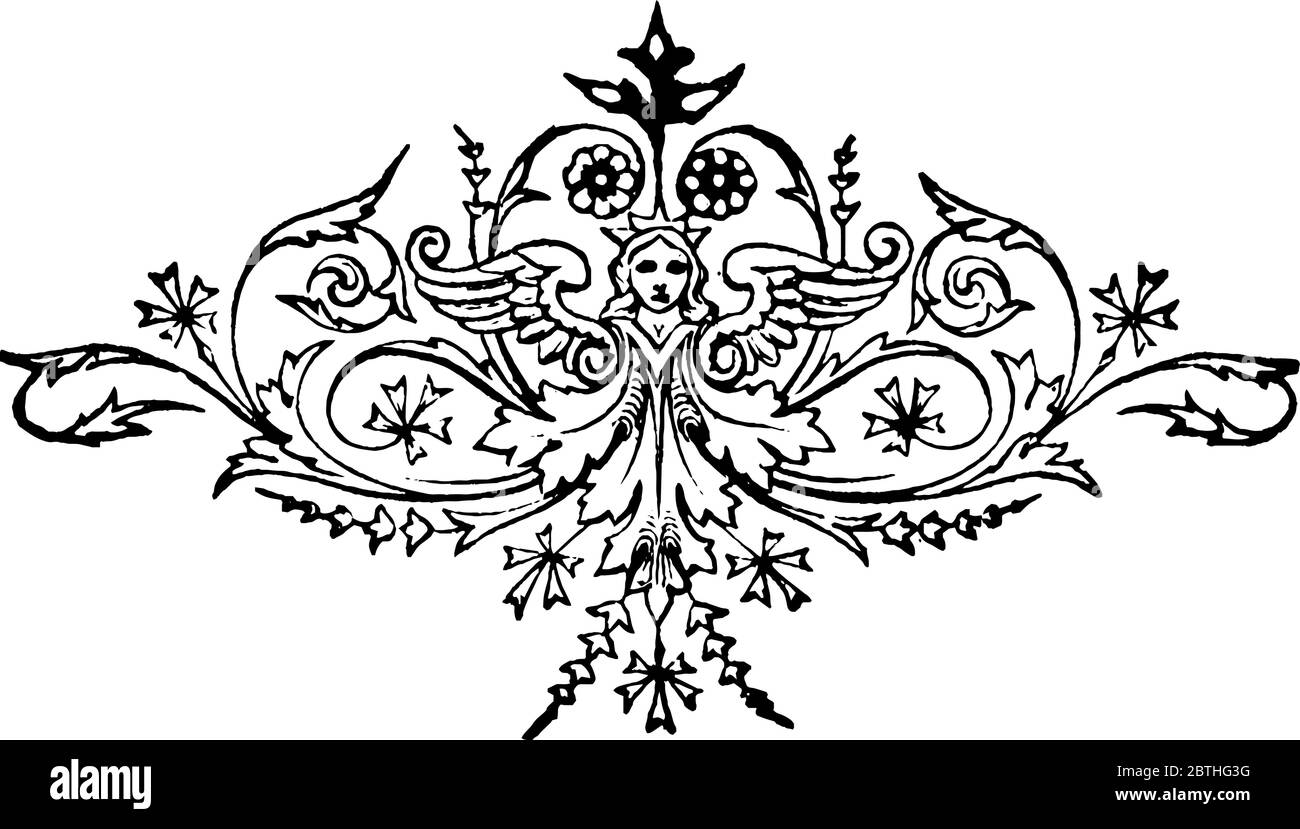 A floral motif, decorated with a face, repeated designs and bold ...