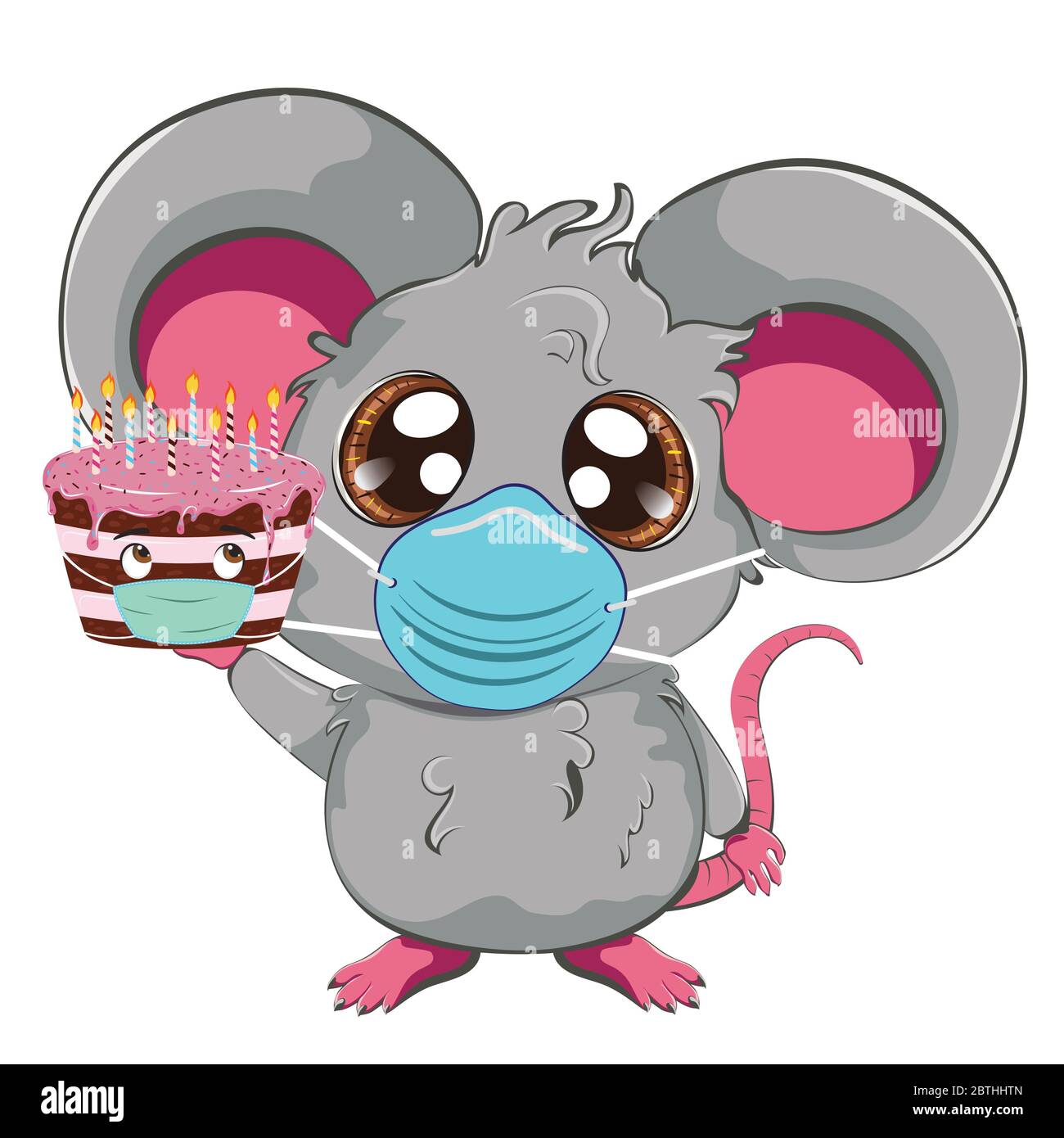 Cartoon kawaii anime grey mouse or rat in face mask with chocolate cake ...