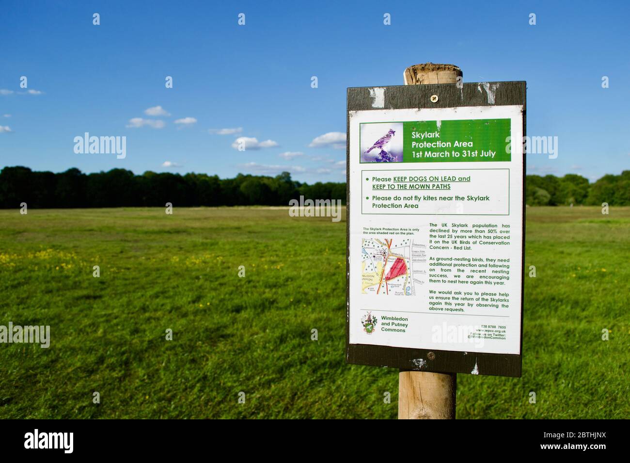 A skylark protection area sign at Wimbledon Common, London, UK Stock ...