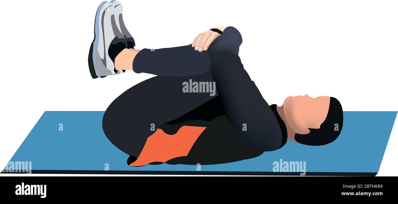 Postural gymnastics exercise. The illustration shows a man on a mat ...
