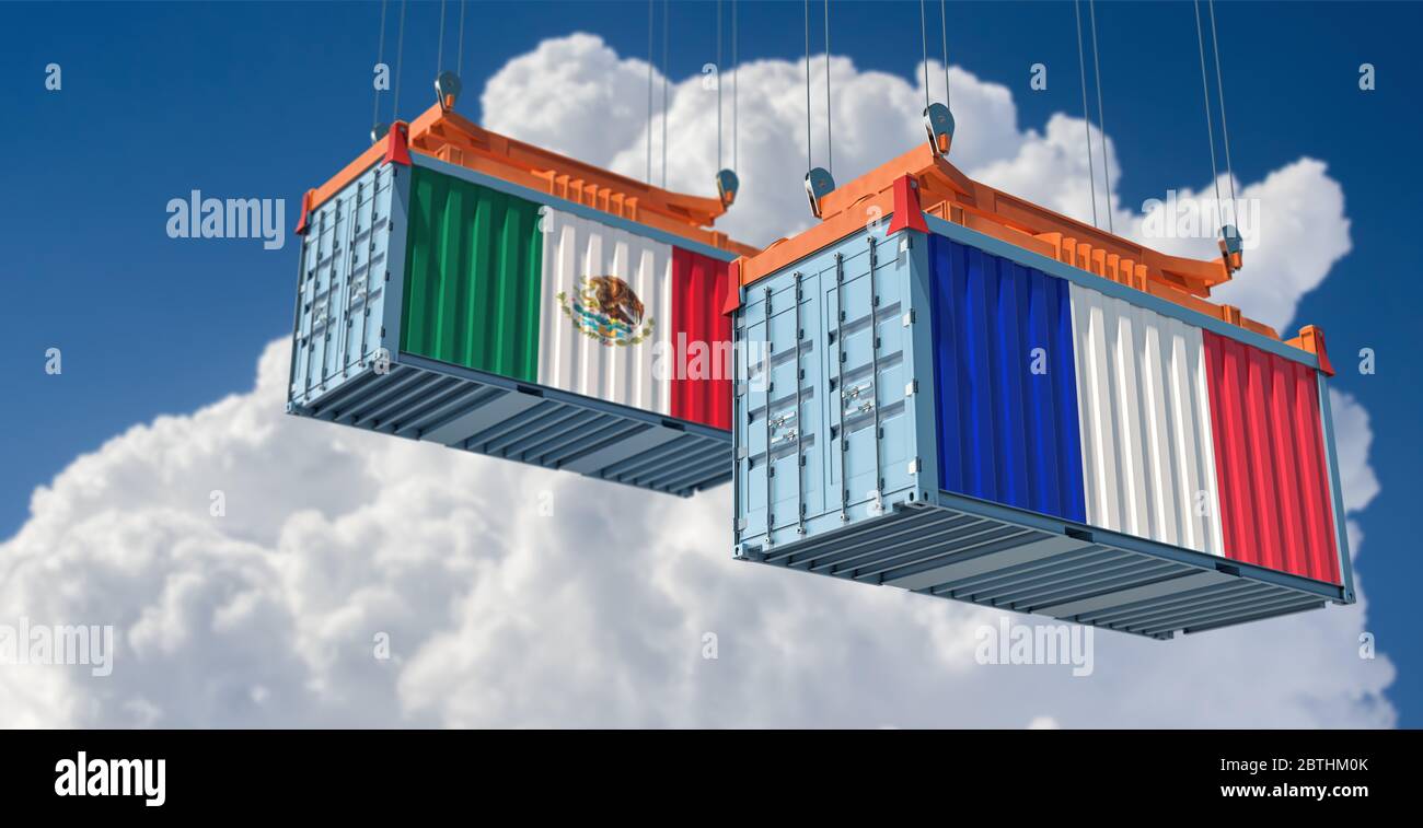 Shipping containers with Mexico and France flag. 3D Rendering Stock ...