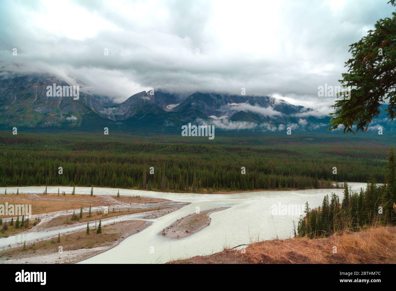 Athabasca River and mountains in the Hooker Icefield Range, including ...