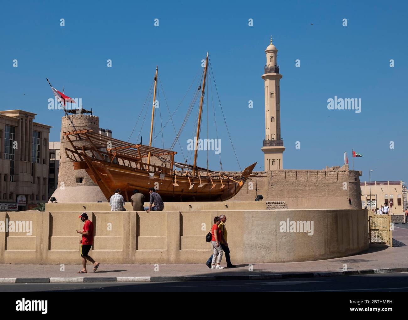 View of an old restored dhow in the Dubai Museum, United Arab Emirates ...