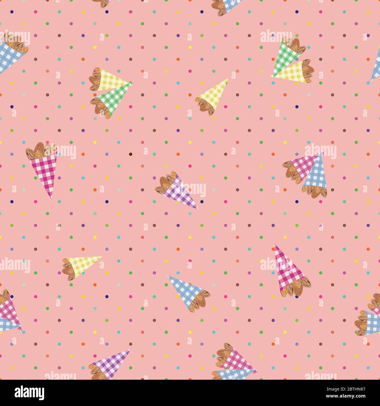 Pairs of roasted almond nuts in cute gingham paper bags vector seamless ...