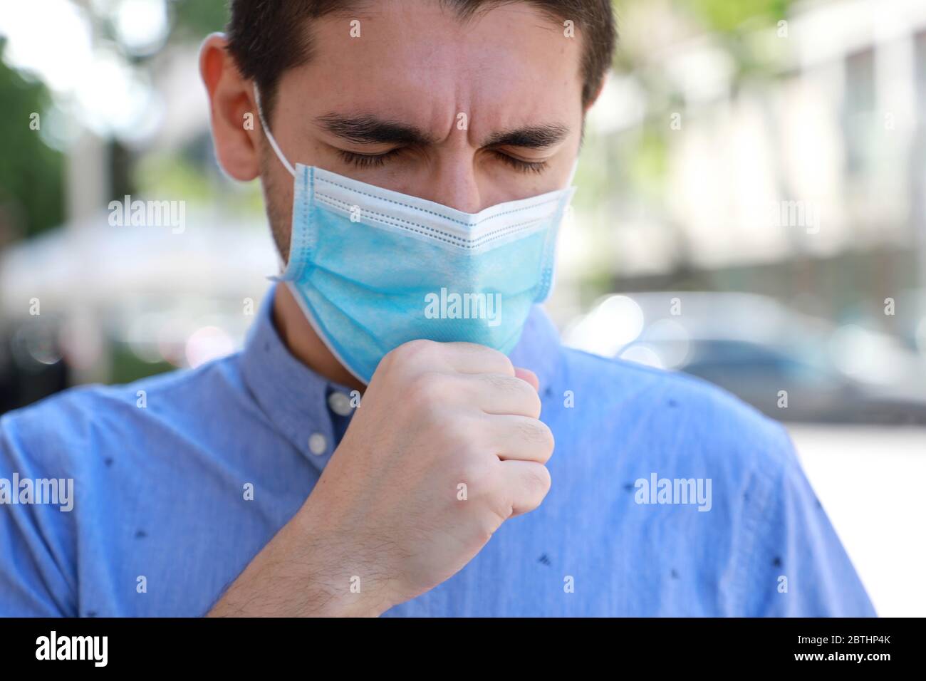 COVID-19 Close Up Sick Man Wearing Surgical Mask Coughing in City ...
