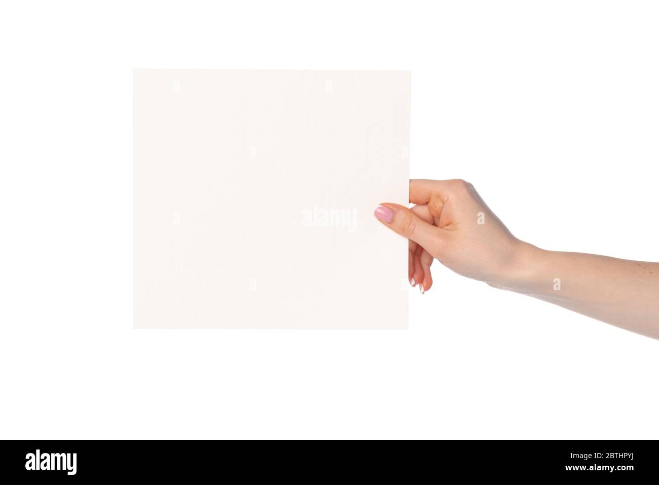 Woman's hand showing white paper banner isolated on white Stock Photo ...