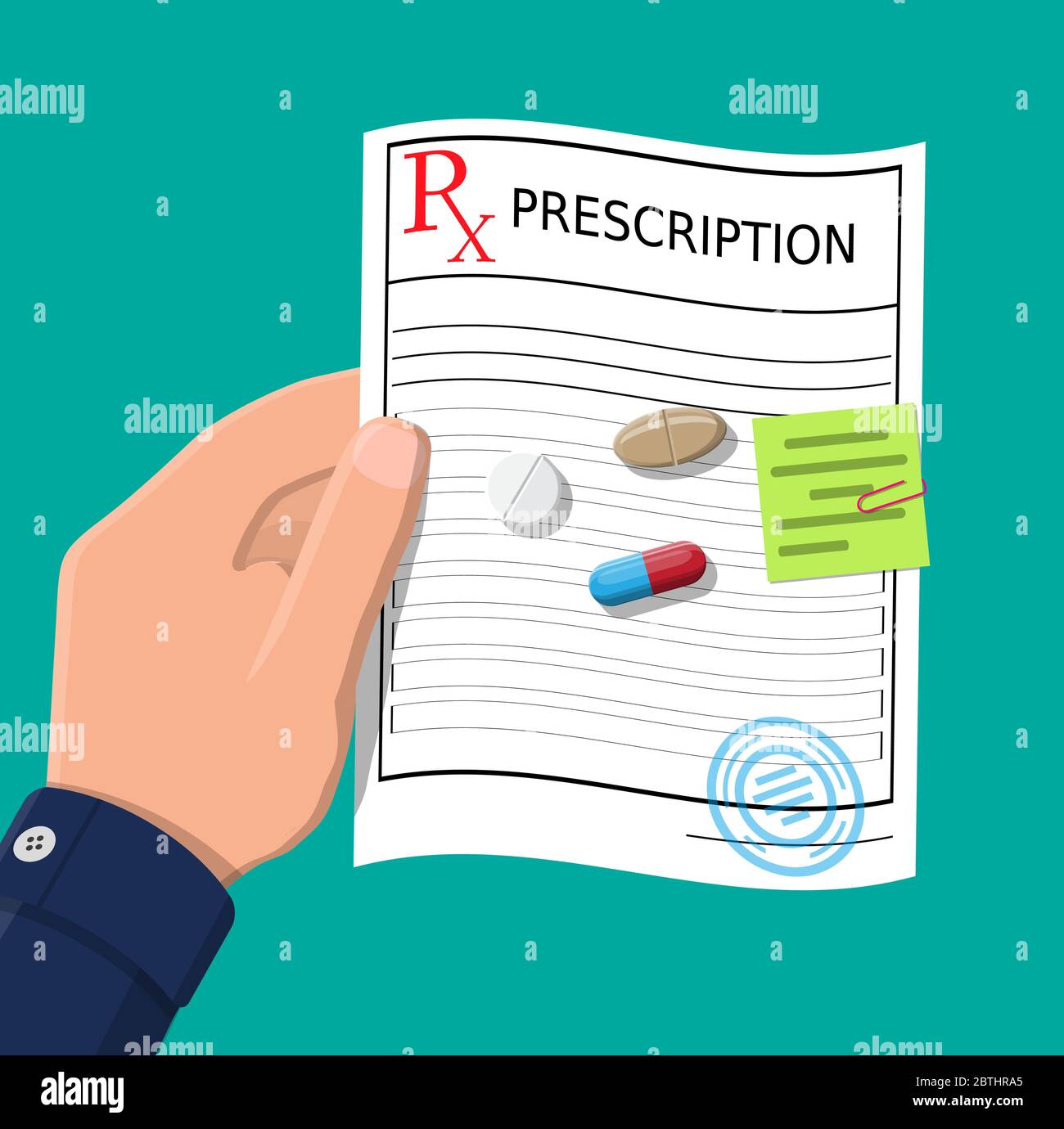 Hand, prescription rx, pills, capsules for illness and pain treatment ...