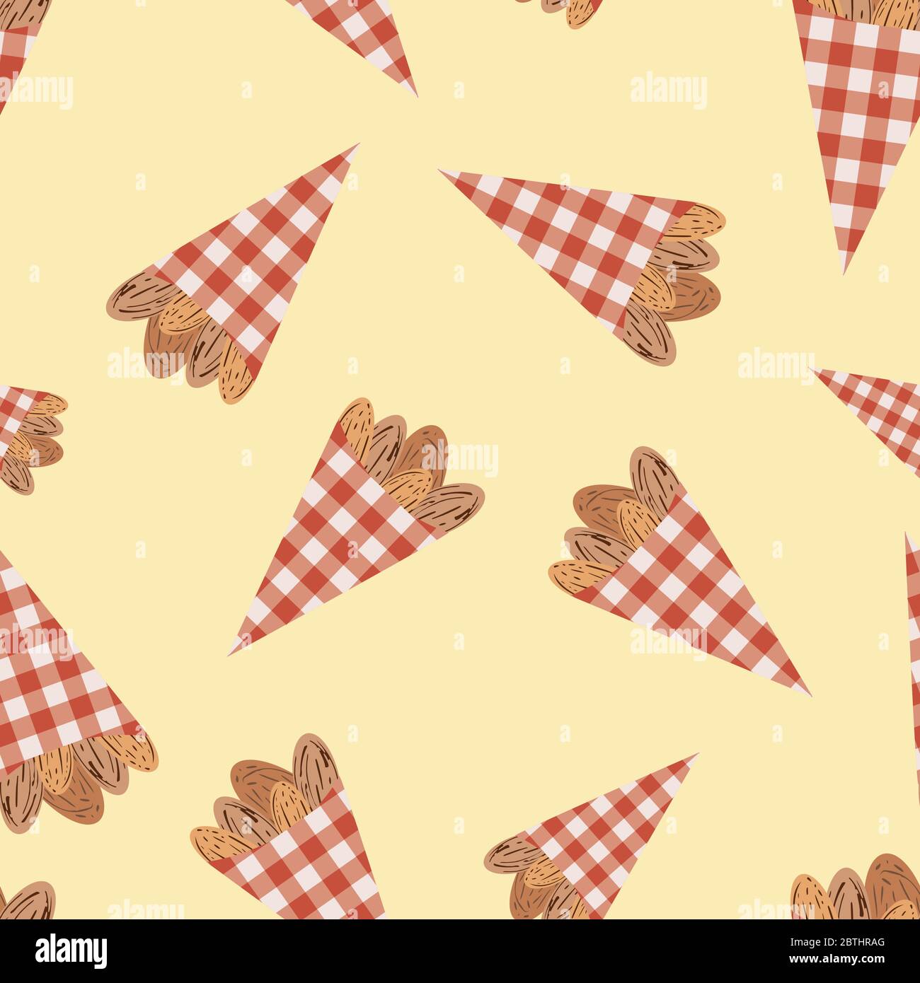 Vector roasted almond nuts in cute red gingham paper bags seamless ...
