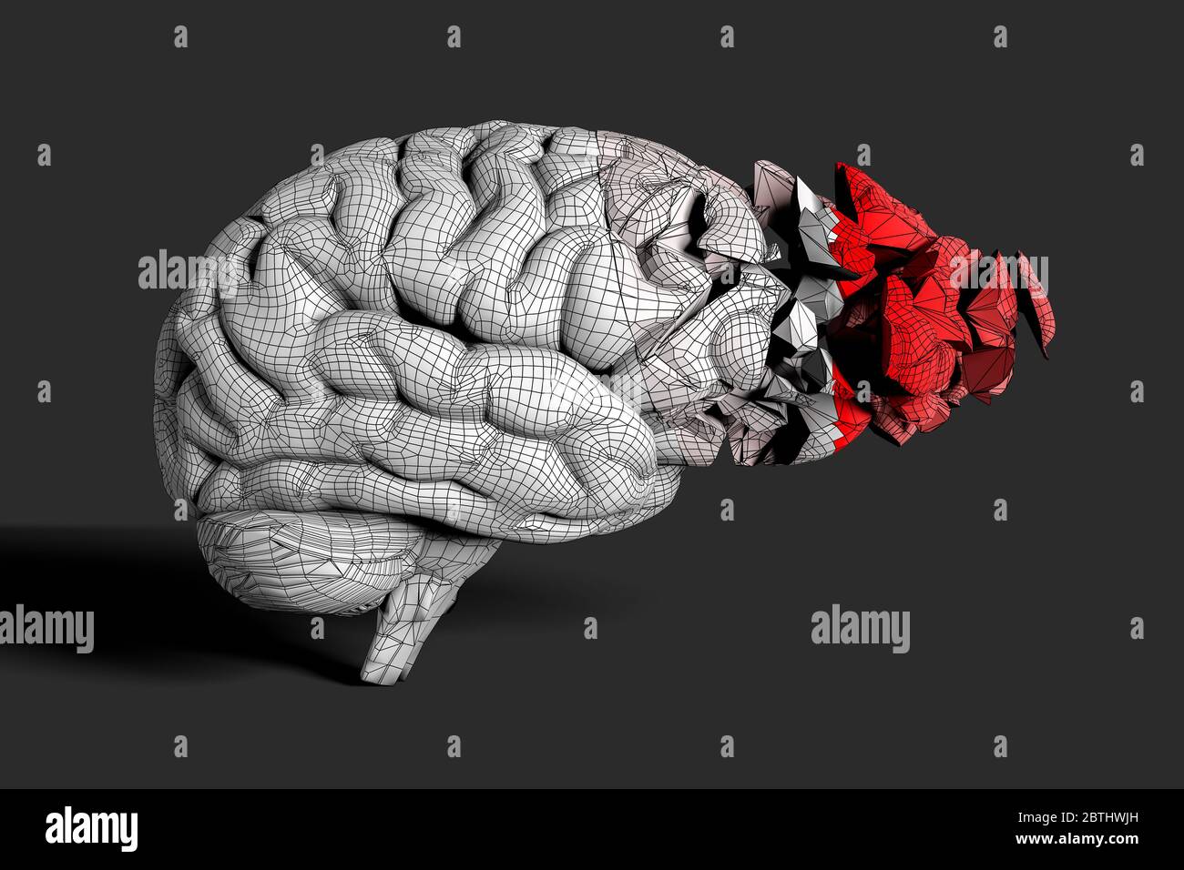 Shattered brain covered with mesh. Conceptual 3d illustration helpful ...