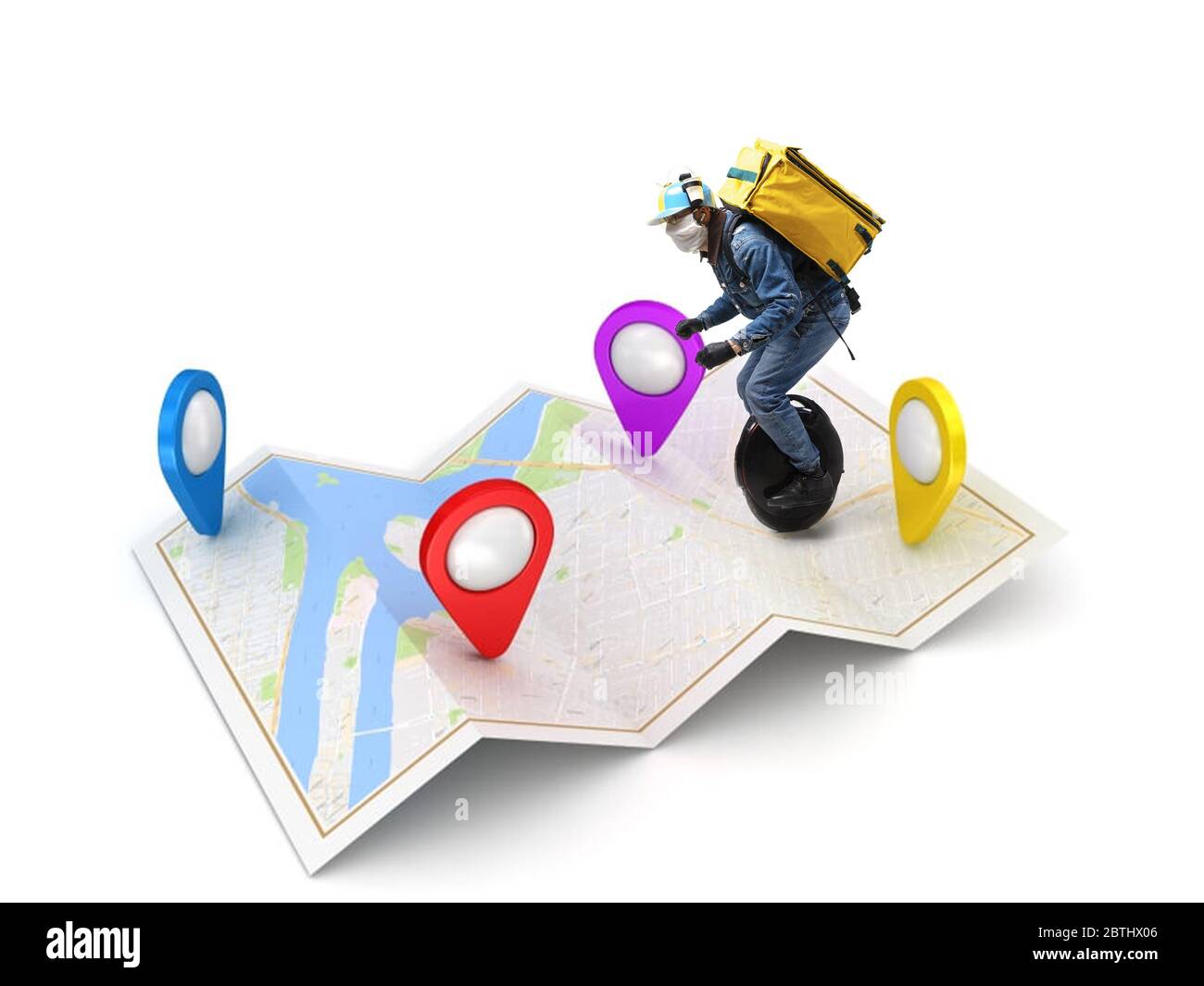 Home delivery, food purchase via the Internet. Deliveryman on unicycle ...