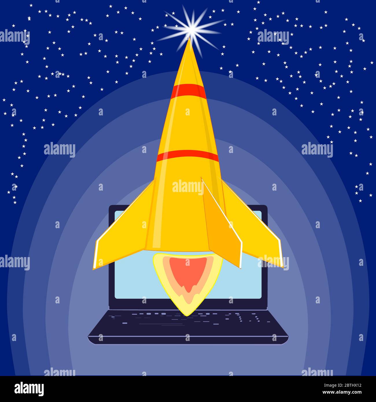 Flat drawing of the rocket. Business startup . The rocket takes off to ...