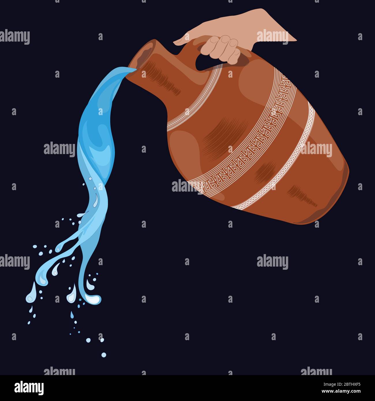 Painted clay pitcher with a handle, splashing water, pouring water. A ...