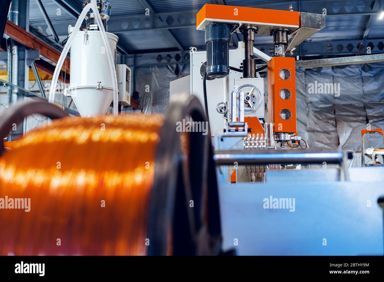 Production of copper wire, cable in reels at factory. Cable factory ...