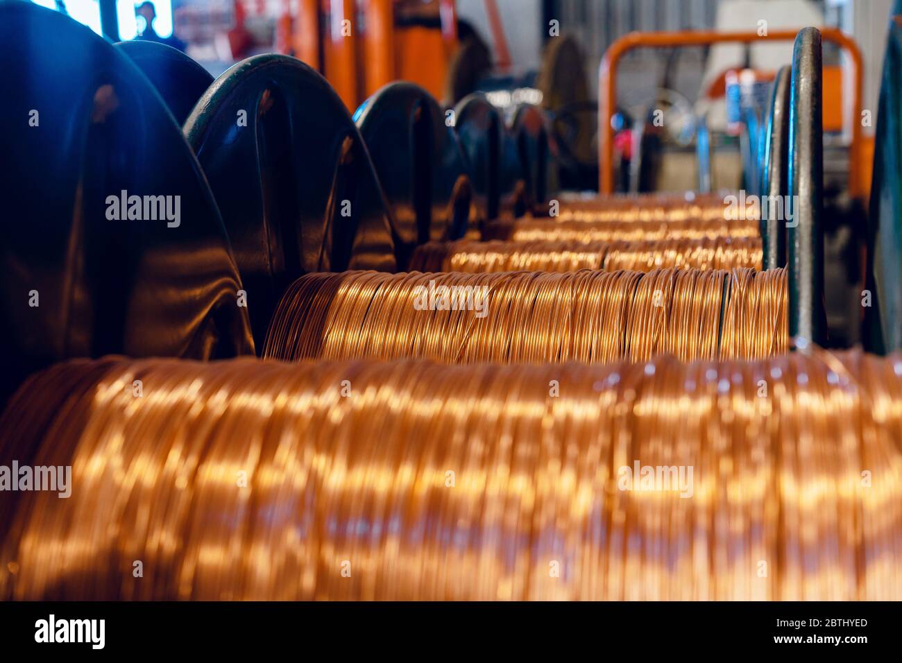 Production of copper wire, cable in reels at factory. Cable factory ...