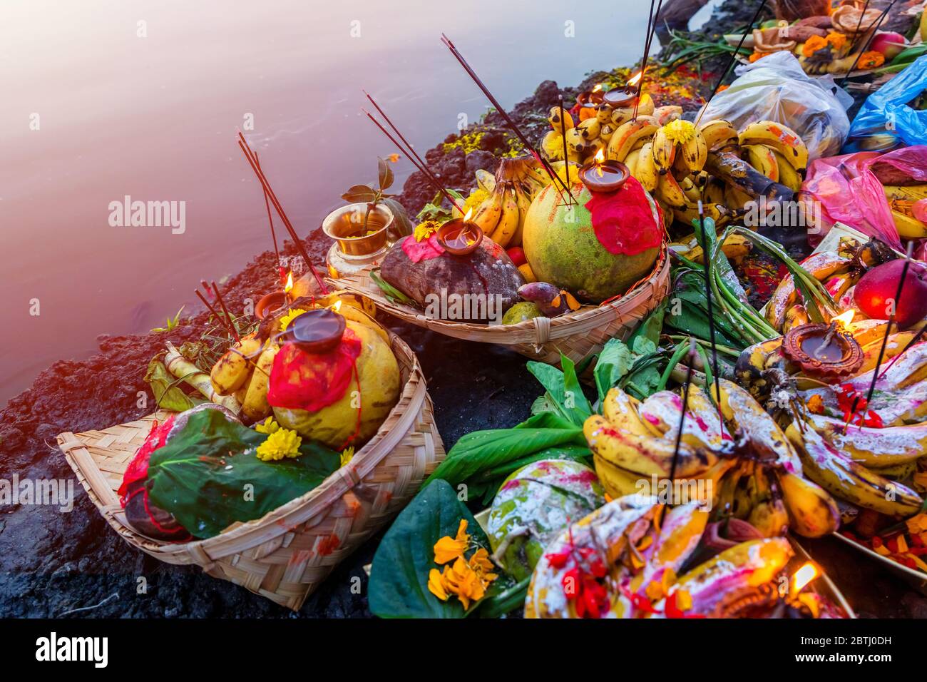 Closeup of various objects with Fruits and Vegetables offered to god at ...