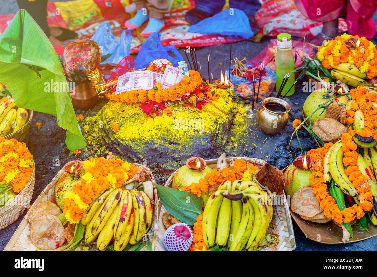 Closeup of various objects with Fruits and Vegetables offered to god at ...