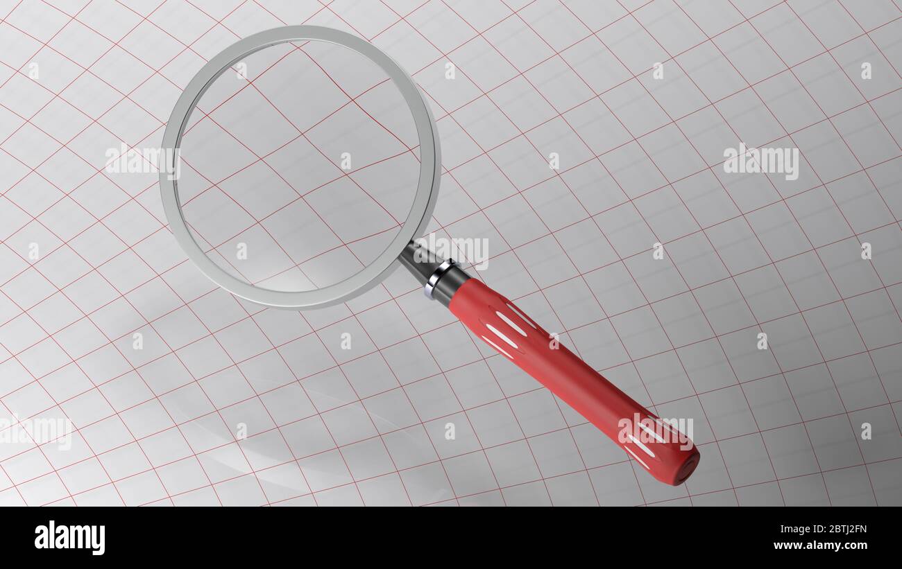 Magnifier over a white background with red grid - 3D rendering ...