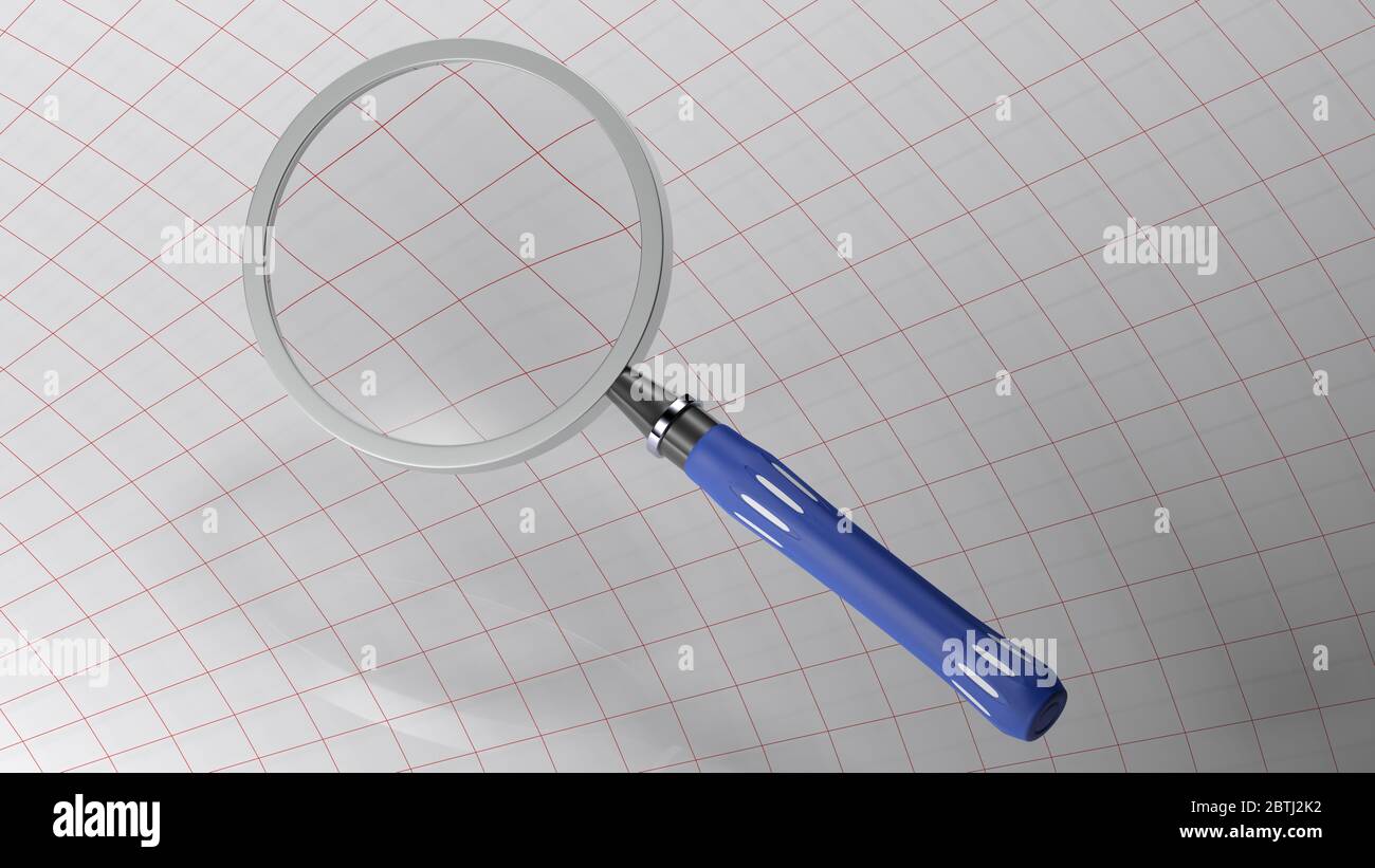 Magnifier over a white background with red grid - 3D rendering ...