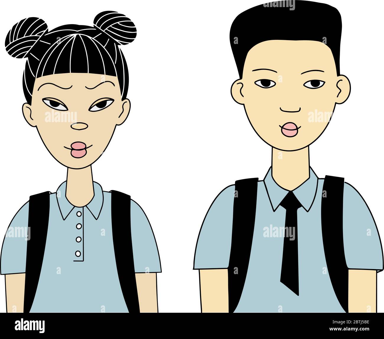 faces of Asian teens boy and girl outline doodle style illustration ...
