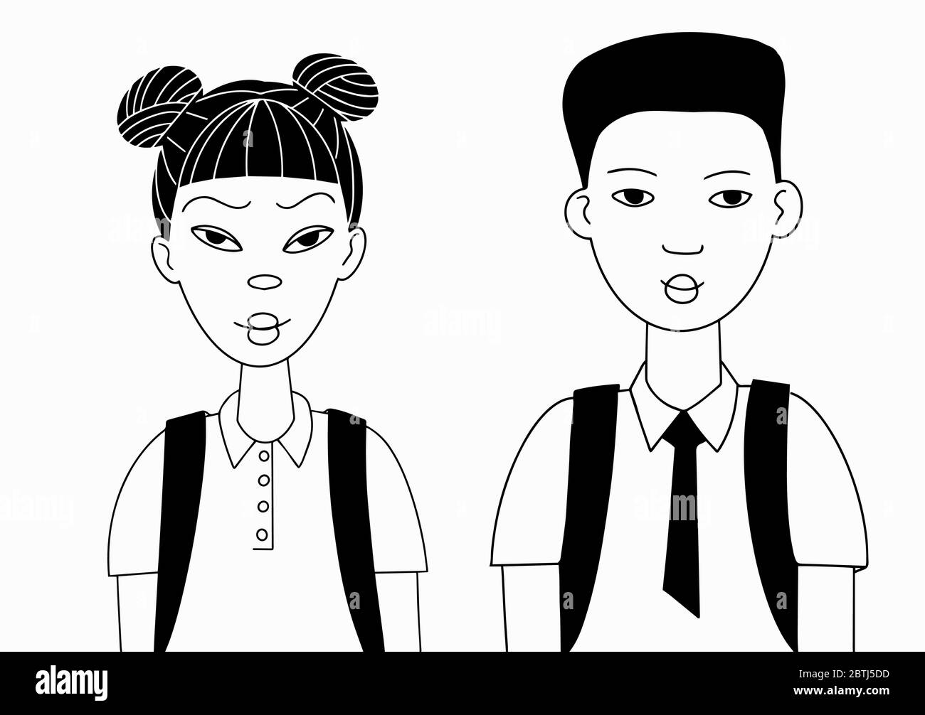 faces of Asian teens boy and girl outline monochrome doodle style ...