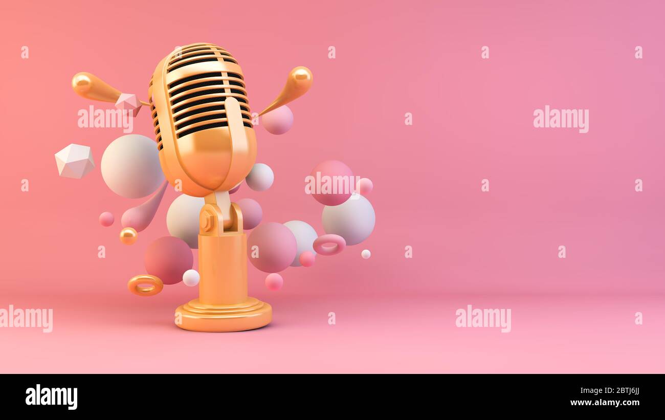 Golden microphone surrounded by geometric shapes 3d rendering Stock ...