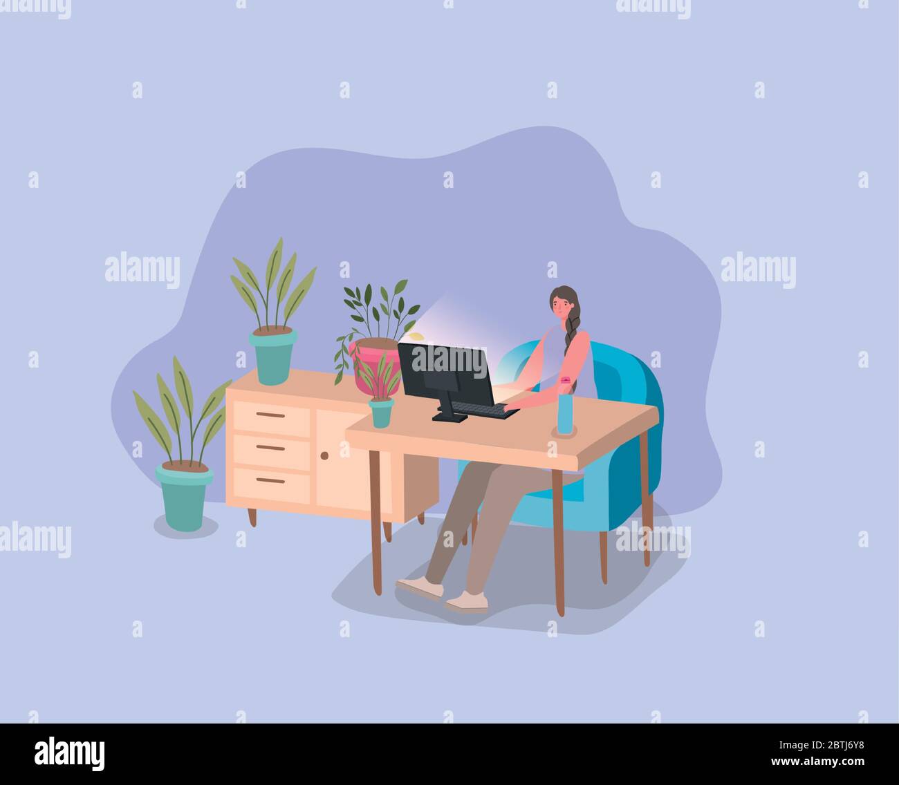 Woman with computer on desk and plants inside pots vector design Stock ...